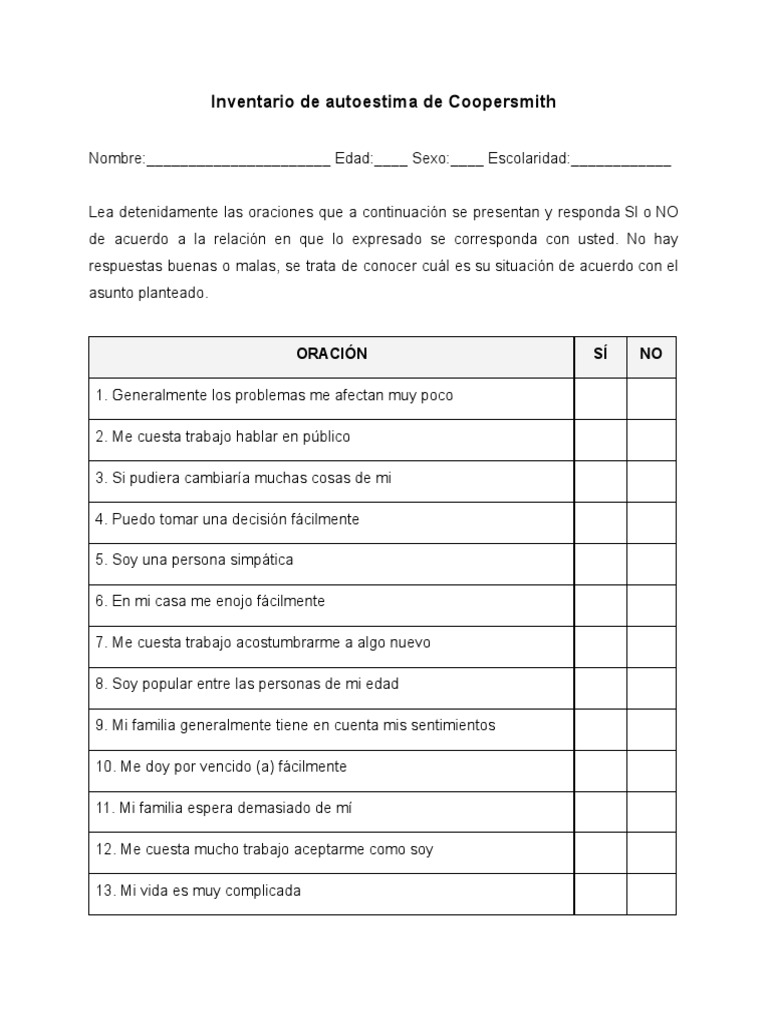 Inventario de Autoestima de Coopersmith PDF | PDF