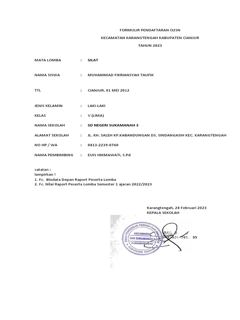 Formulir Pendaftaran O2sn | PDF