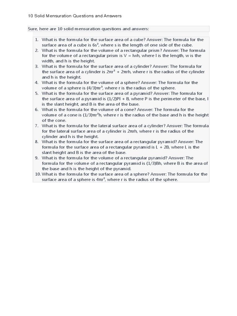 Solid Mensuration Formulas Explained | PDF