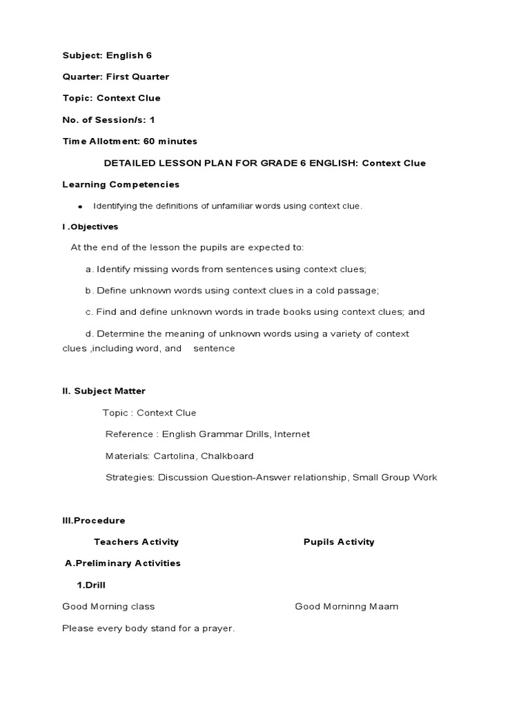 Context Clues Lesson Plan for Grade 6 | PDF | Lesson Plan | Cognitive ...