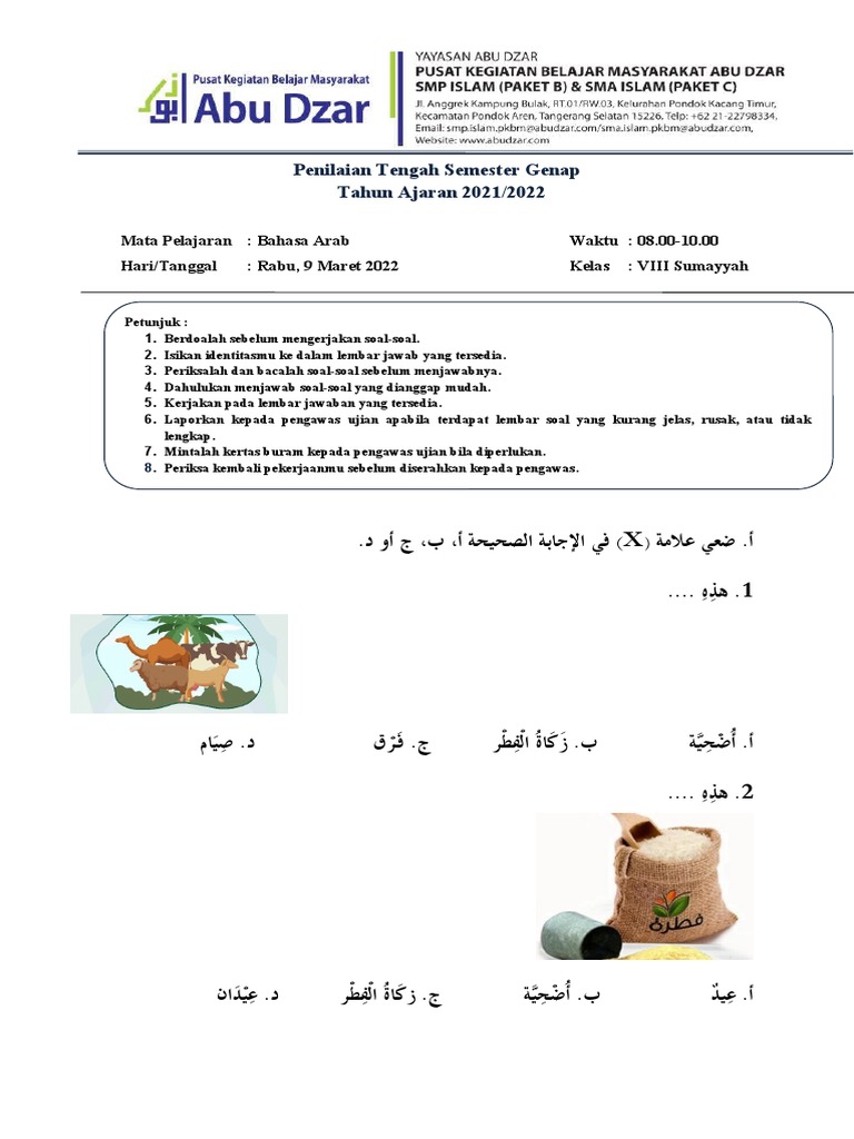 Soal Bahasa Arab Kelas 8 Sumayyah PTS Genap 21-22 | PDF
