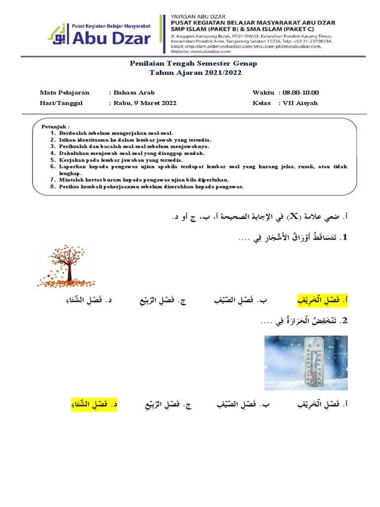 Soal Bahasa Arab Kelas 7 Aisyah PTS Genap 21-22 | PDF