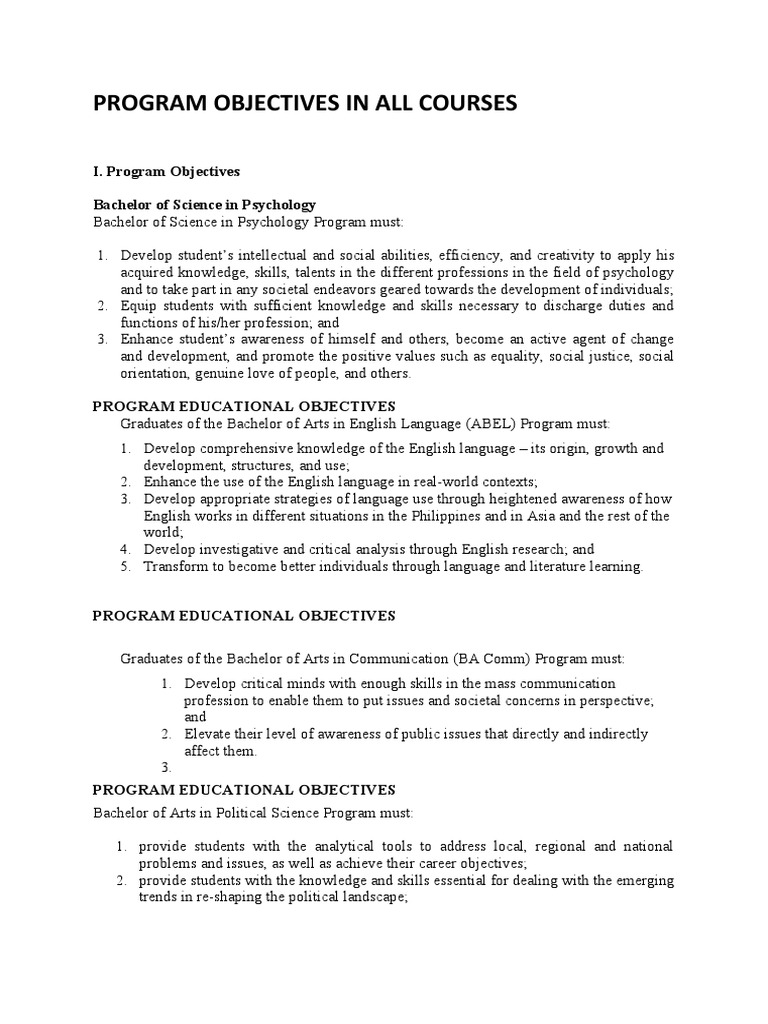 Program Objectives in All Courses | PDF | Engineering | Science