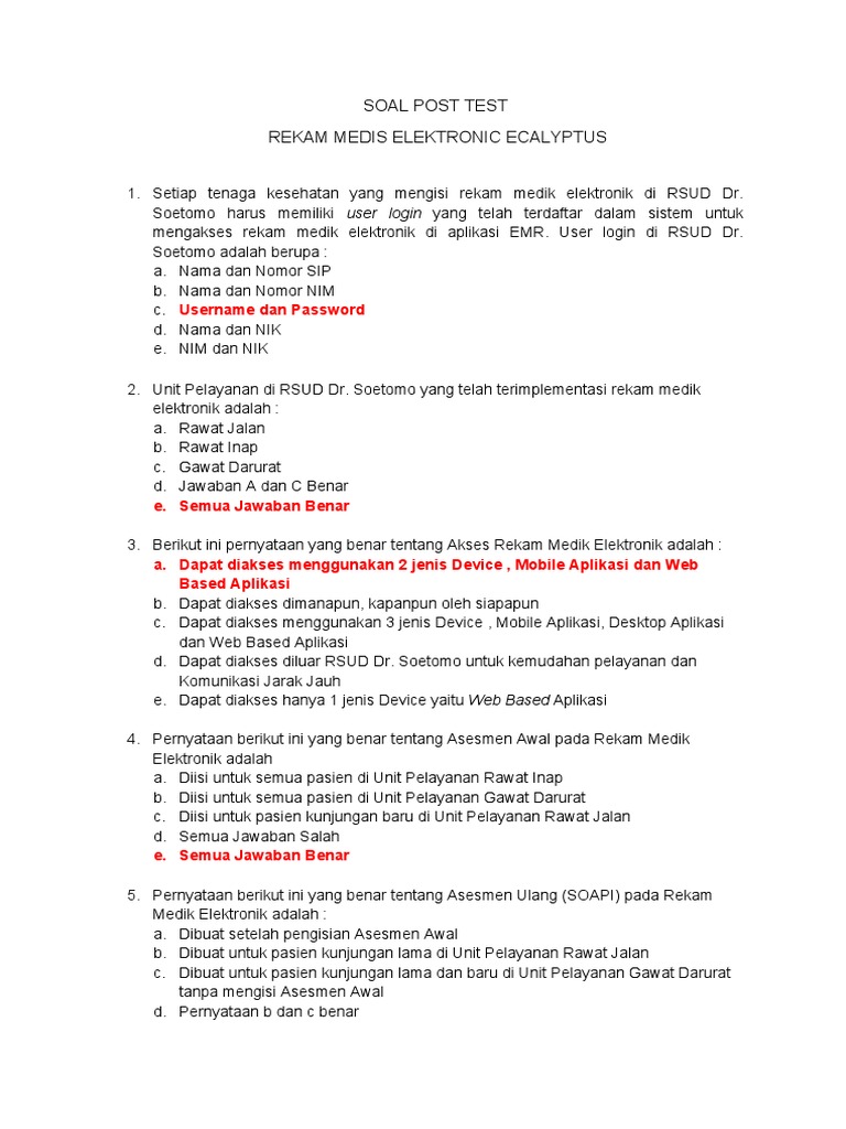 Soal Pre Dan Post Test - REKAM MEDIS ELEKTRONIC ECALYPTUS | PDF