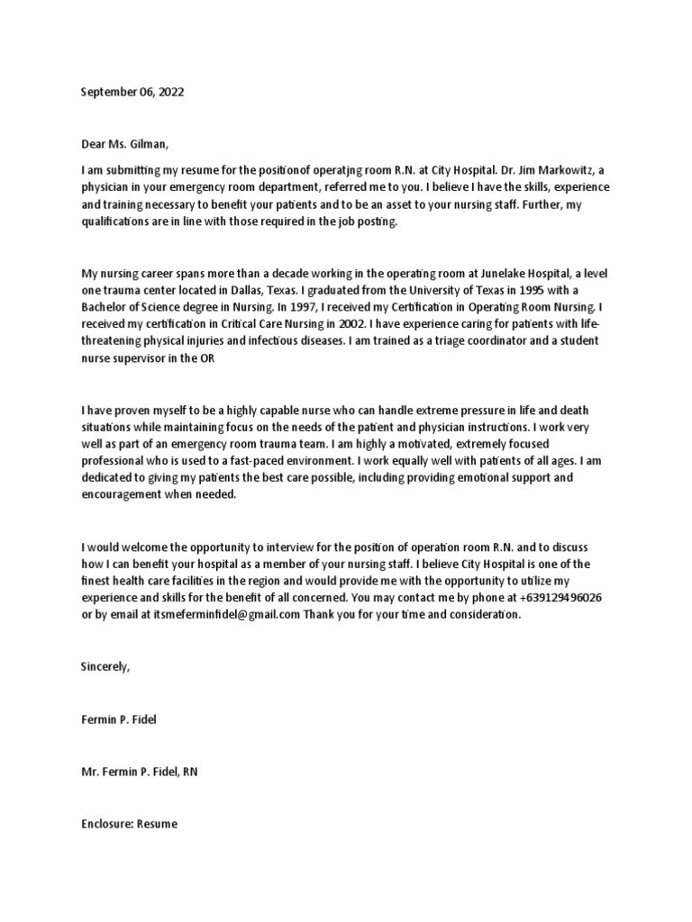 Operating Room RN Application Letter | PDF