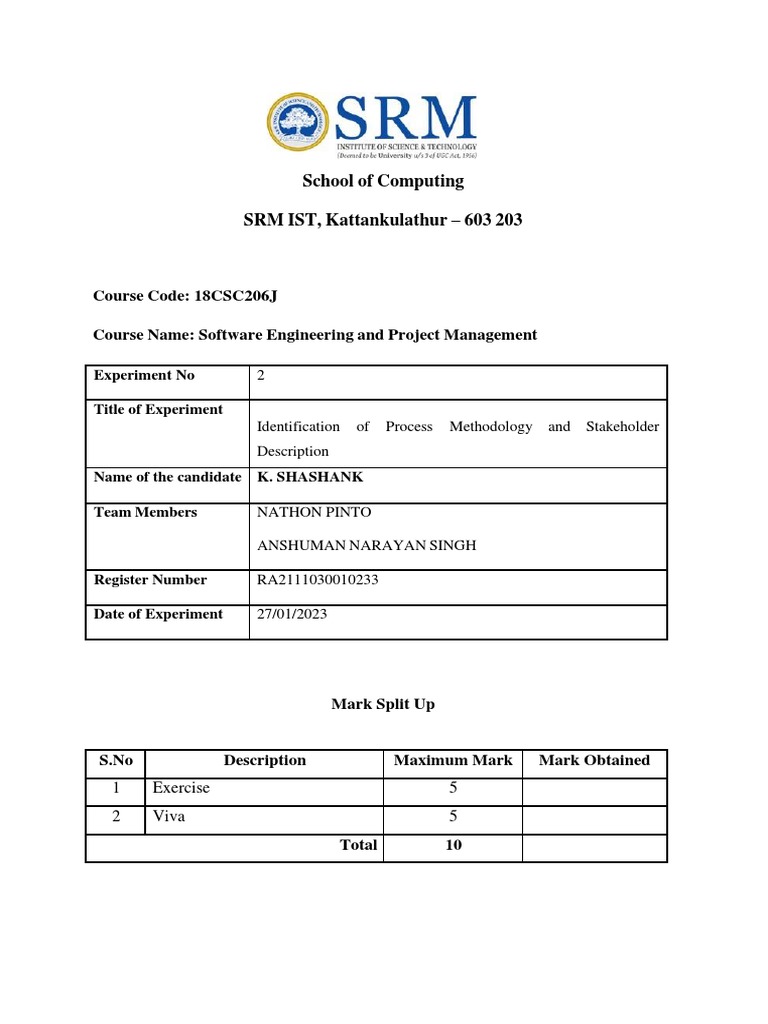 18CSC206J SEPM - Ex 2 | PDF | Software Development Process | Computing 18CSC206J SEPM - Ex 2 | PDF | Software Development Process | Computing
