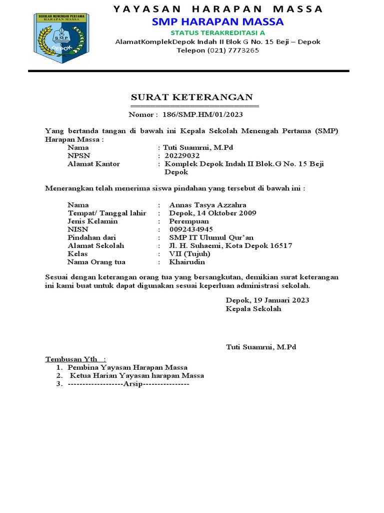 SURAT Keterangan Diterima Sekolah | PDF