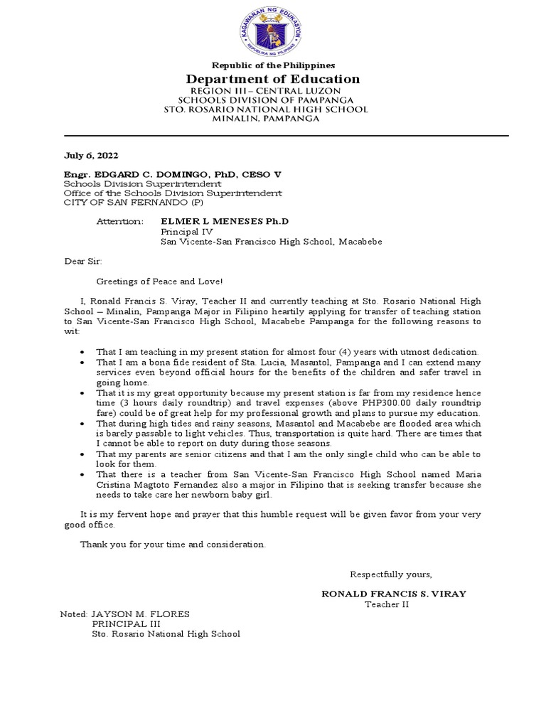 Teacher Transfer Request to San Vicente High | PDF