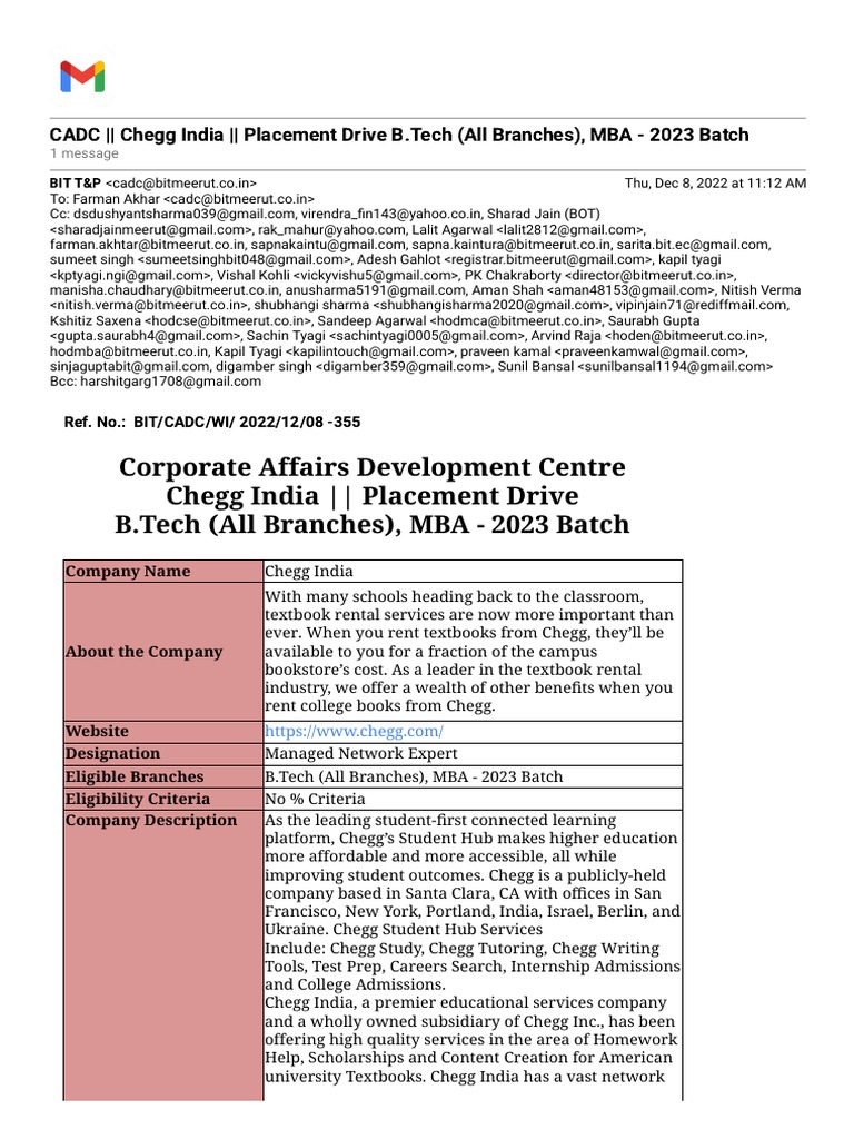 Gmail - CADC - Chegg India - Placement Drive B.Tech (All Branches), MBA - 2023 Batch | PDF | Science