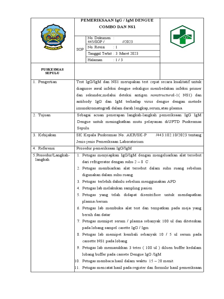 SOP Pemeriksaan IgG IgM Dengue COMBO & NS1 | PDF