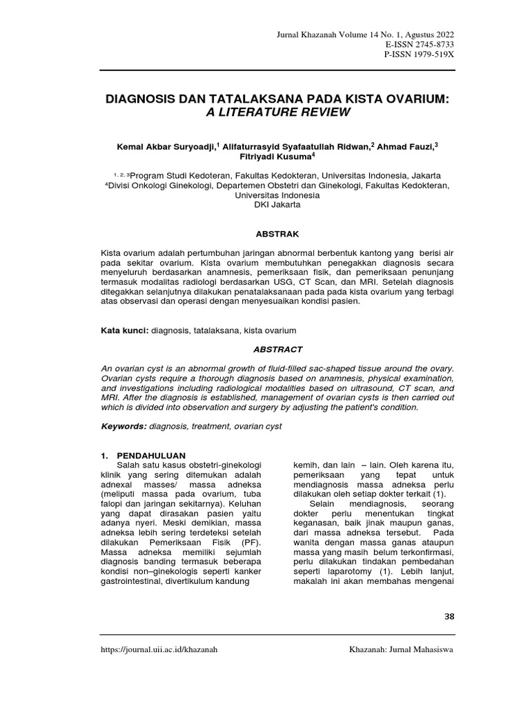 Diagnosis Dan Tatalaksana Pada Kista Ovarium:: A Literature Review | PDF