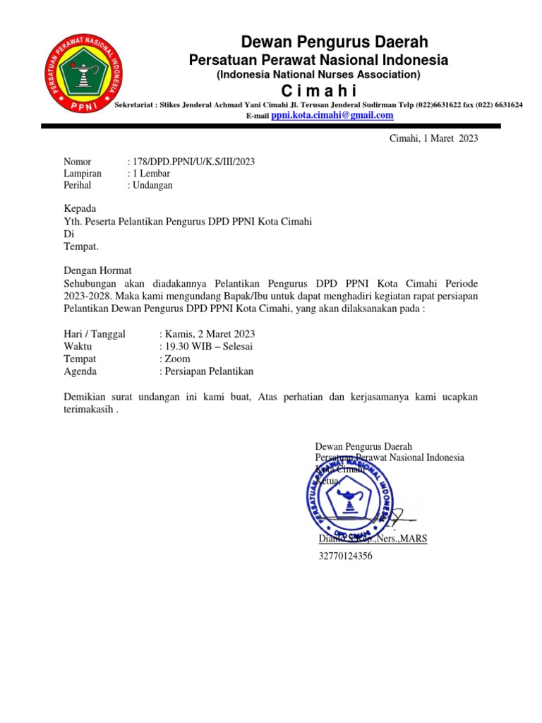 Undangan Rapat Pelantikan DPD PPNI 2 Maret 2023 | PDF