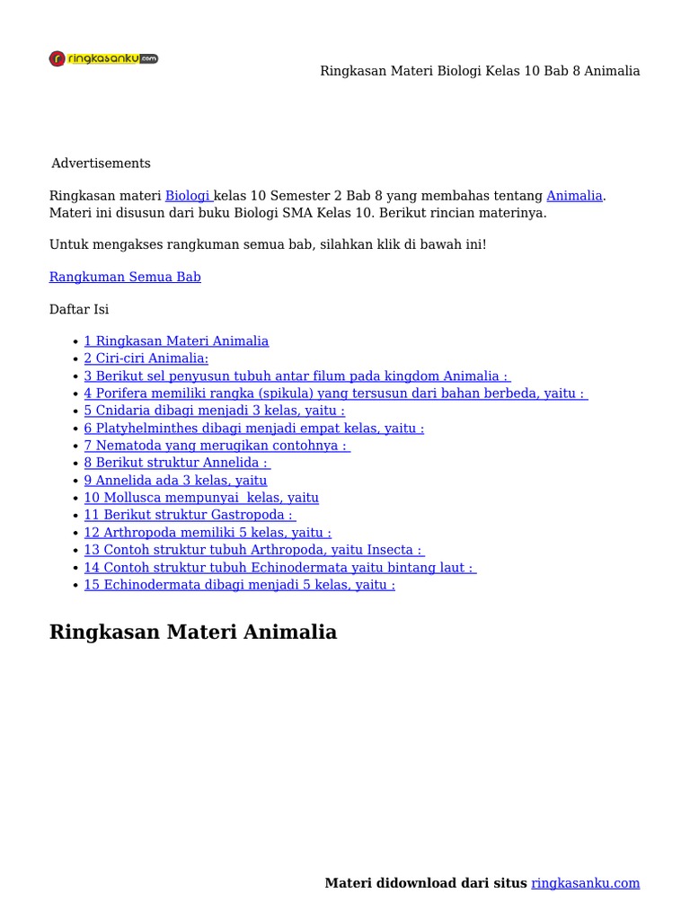 Ringkasan Materi Biologi Kelas 10 Bab 8 Animalia PDF | PDF