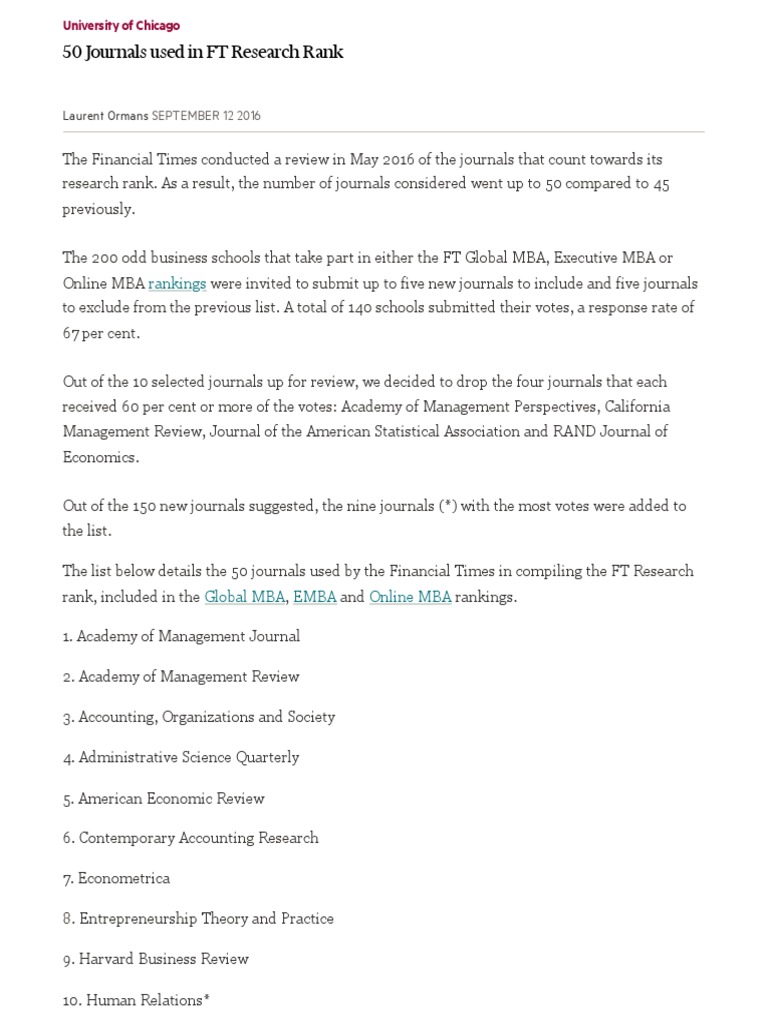 FT50 Journals Used in FT Research Rank - Financial Times | PDF | Master ...