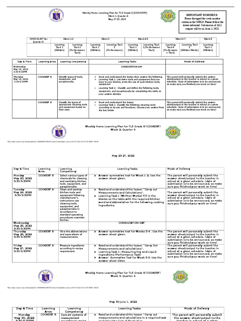 Weekly Home Learning Plan For COOKERY Grade 8 PDF | PDF | Occupational Safety And Health