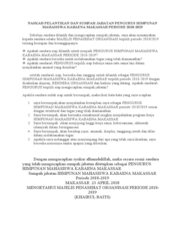 NASKAH PELANTIKAN DAN SUMPAH JABATAN DEWAN PENGURUS MAHASISWA PECINTA ...