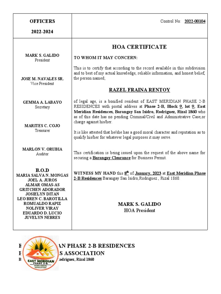 EMR HOA Certificate | PDF