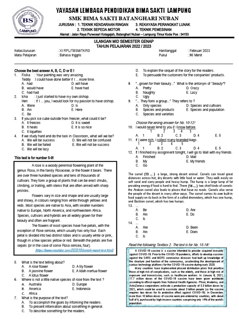 Soal MID B. Inggris Kelas XI Genap 2023 - Akbar Ali Mustofa Oke | PDF | Rose | Camel
