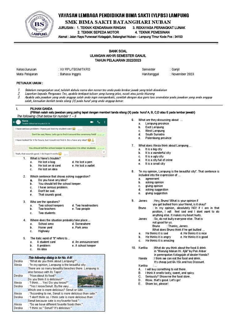 Mid-Semester Exam Questions from SMK Bima Sakti in Batanghari, Lampung ...