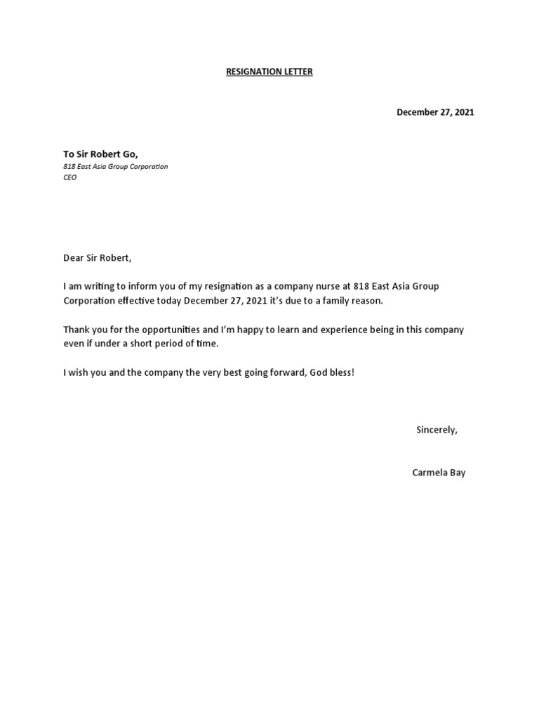Easy SHORT RESIGNATION LETTER | PDF