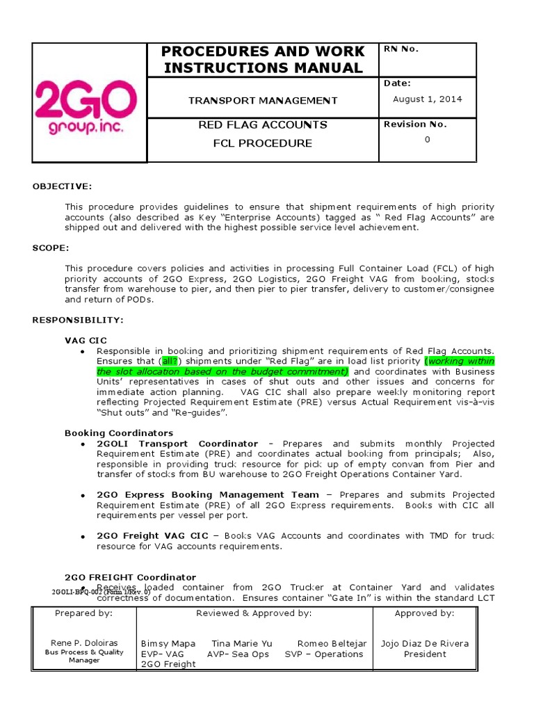 Red Flag Accounts FCL Procedure | PDF | Cargo | Containerization