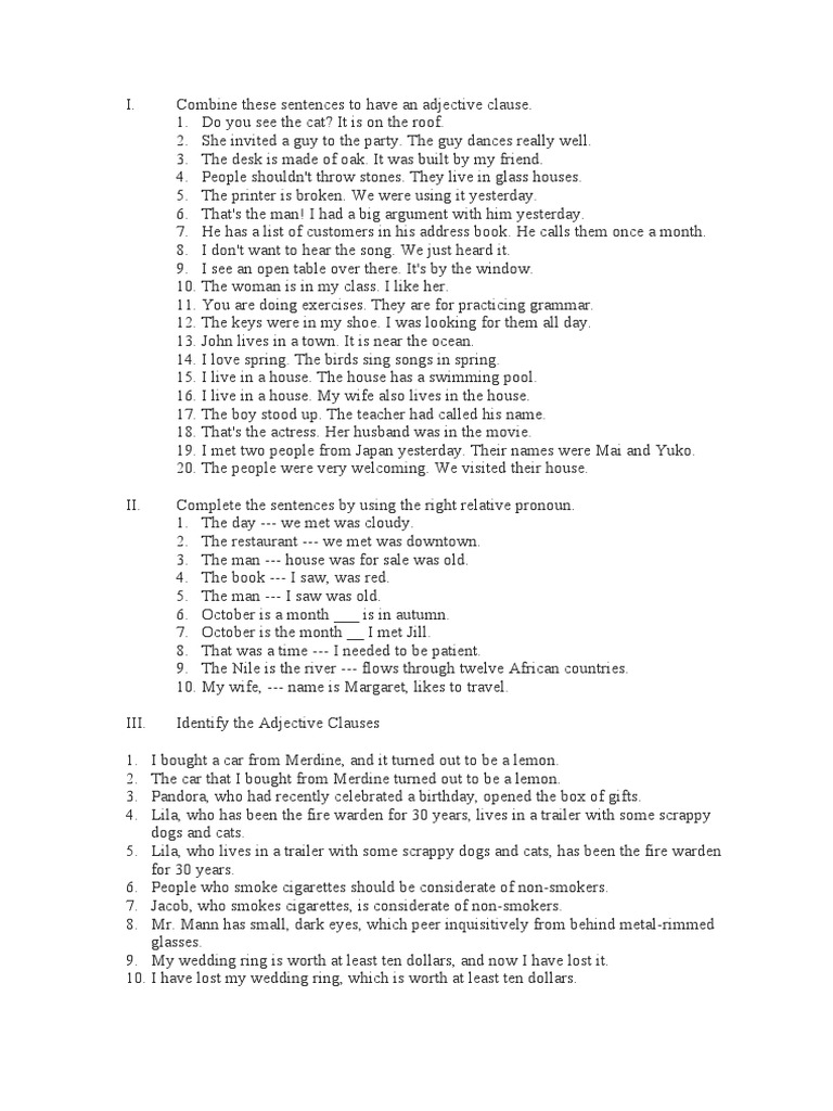 Adjective Cause and Adjective Phrase Exercises. | PDF | Sentence (Linguistics) | Language Mechanics