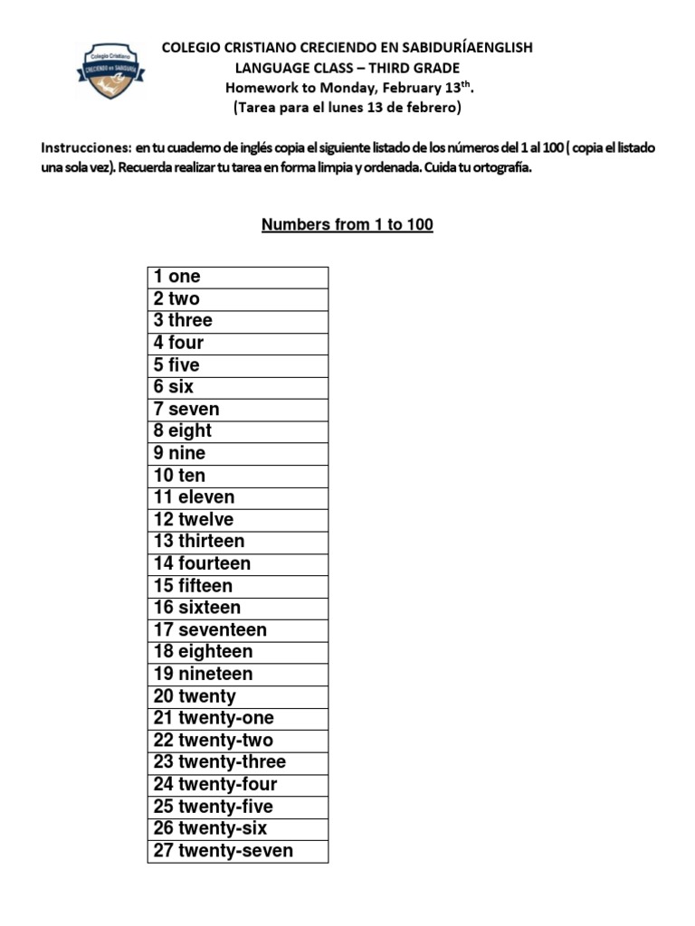 Third Grade English Homework: Numbers 1-100 | PDF