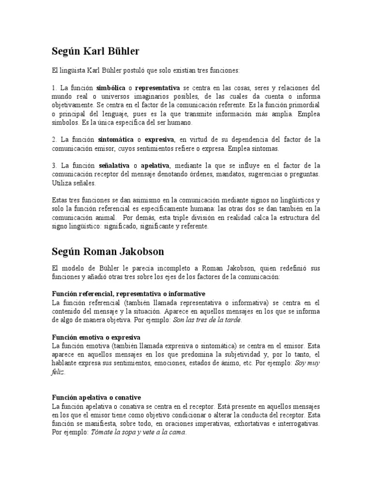 Seis funciones del lenguaje según Bühler y Jakobson | PDF | Lingüística ...