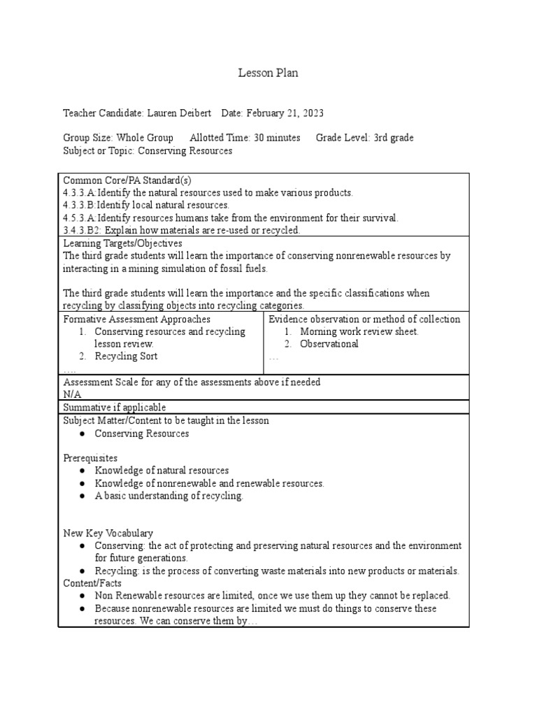 Resources Unit Lesson Plan 3 2 | PDF | Recycling | Renewable Energy