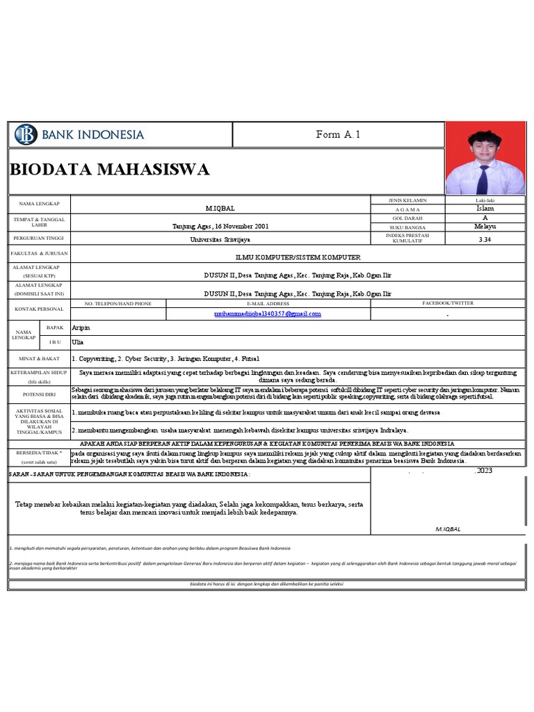 Form A.1 - Biodata Mahasiswa Beasiswa | PDF