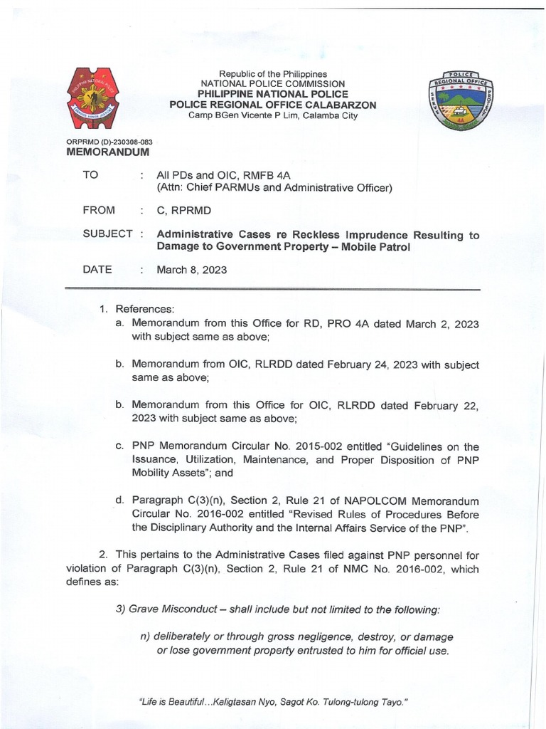 Admin Cases Re Reckless Imprudence Resulting To Damage To Gov Property Mobile Patrol - 0001 PDF ...