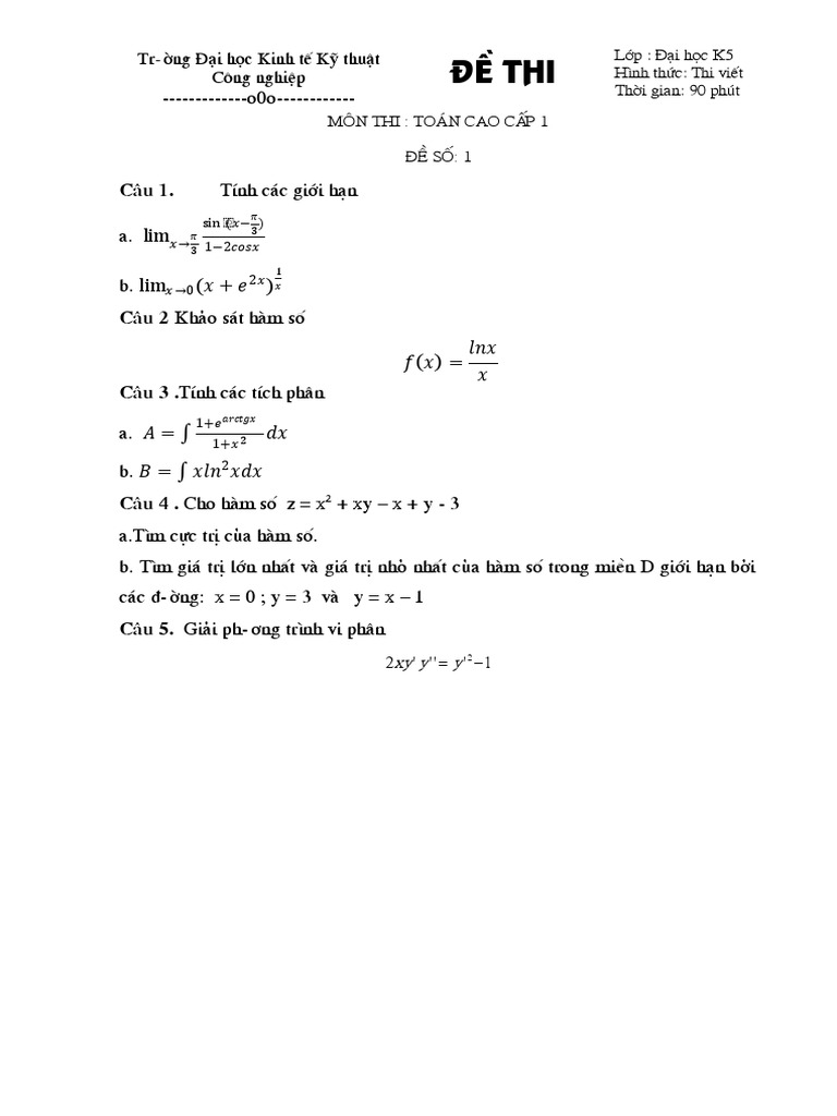 De Thi Toan Cao Cap 1 Dai Hoc | PDF