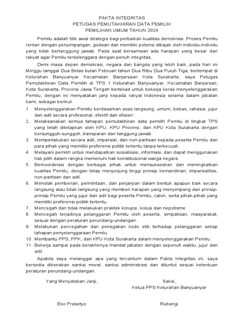 Pakta Integritas Pantarlih | PDF