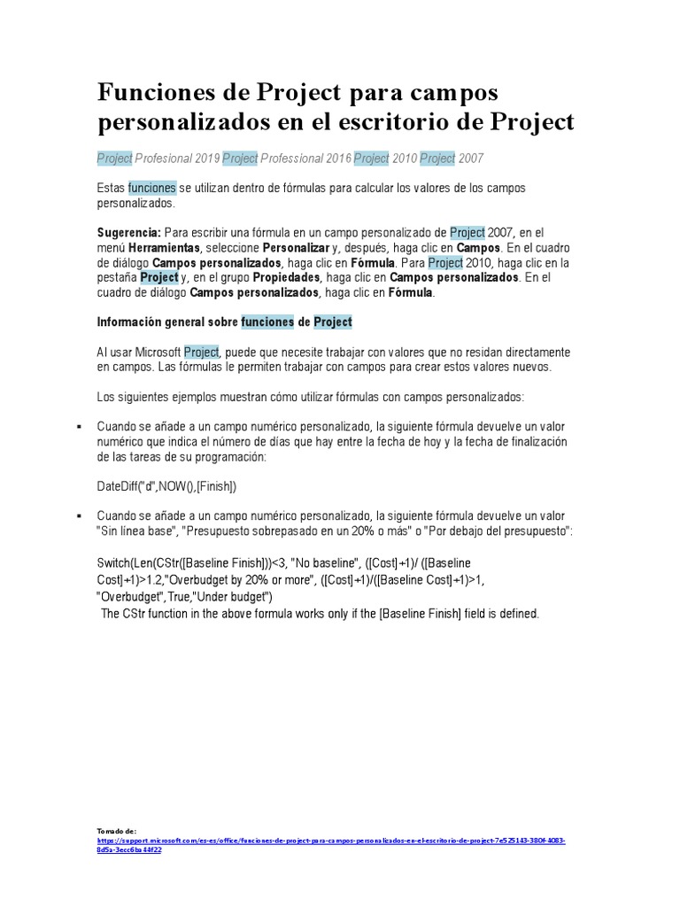 Funciones de Microsoft Project 2023 | PDF | Cadena (informática) | Tipo ...