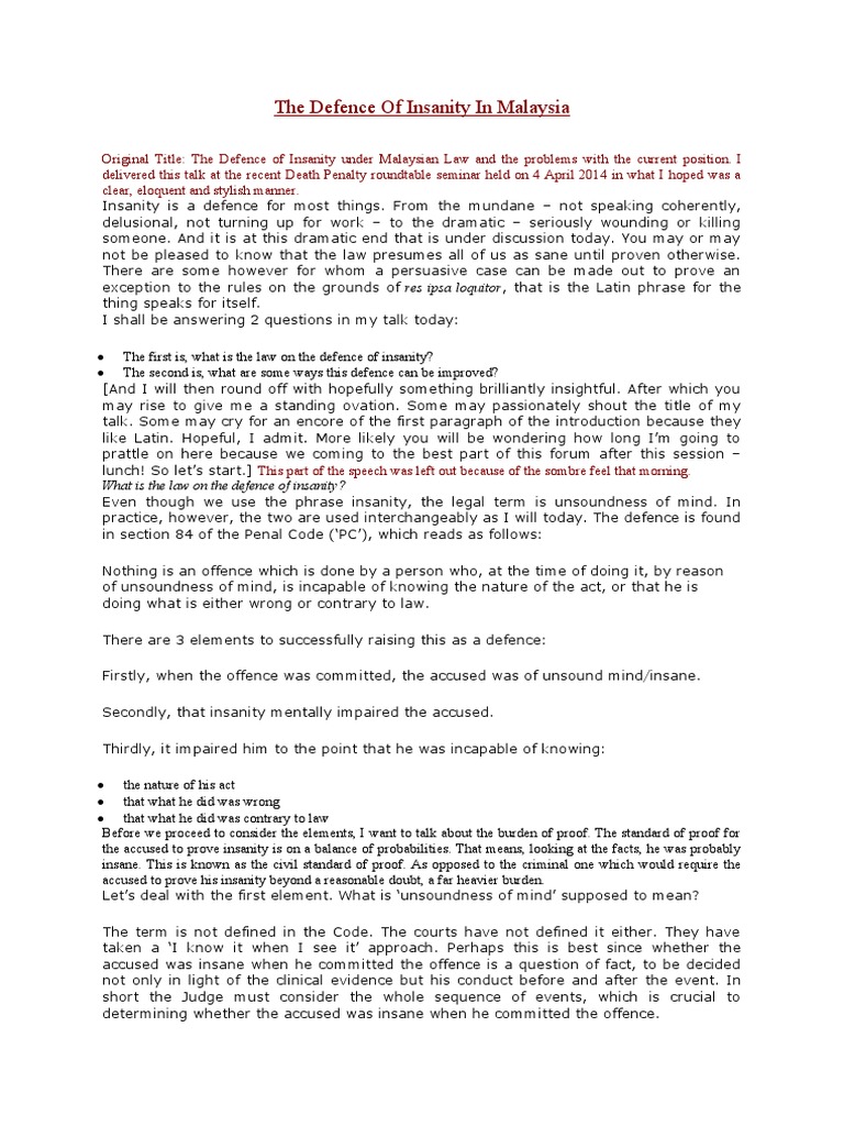 The Defence of Insanity in Malaysia | PDF | Insanity Defense | Burden ...