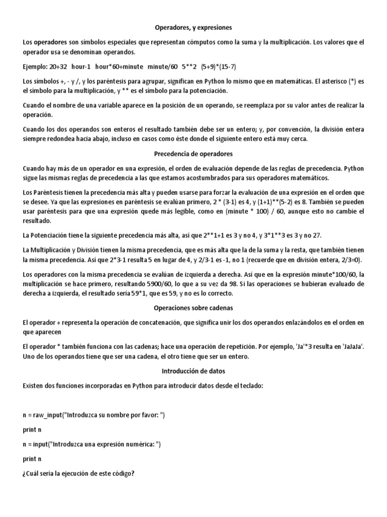 Operadores y Expresiones en Phyton | PDF | Python (lenguaje de programación) | Multiplicación