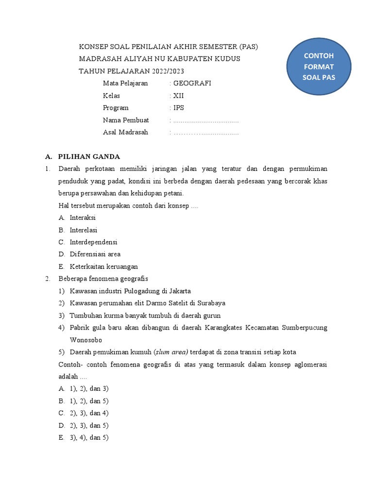 Contoh Format Soal Pas 2022 | PDF