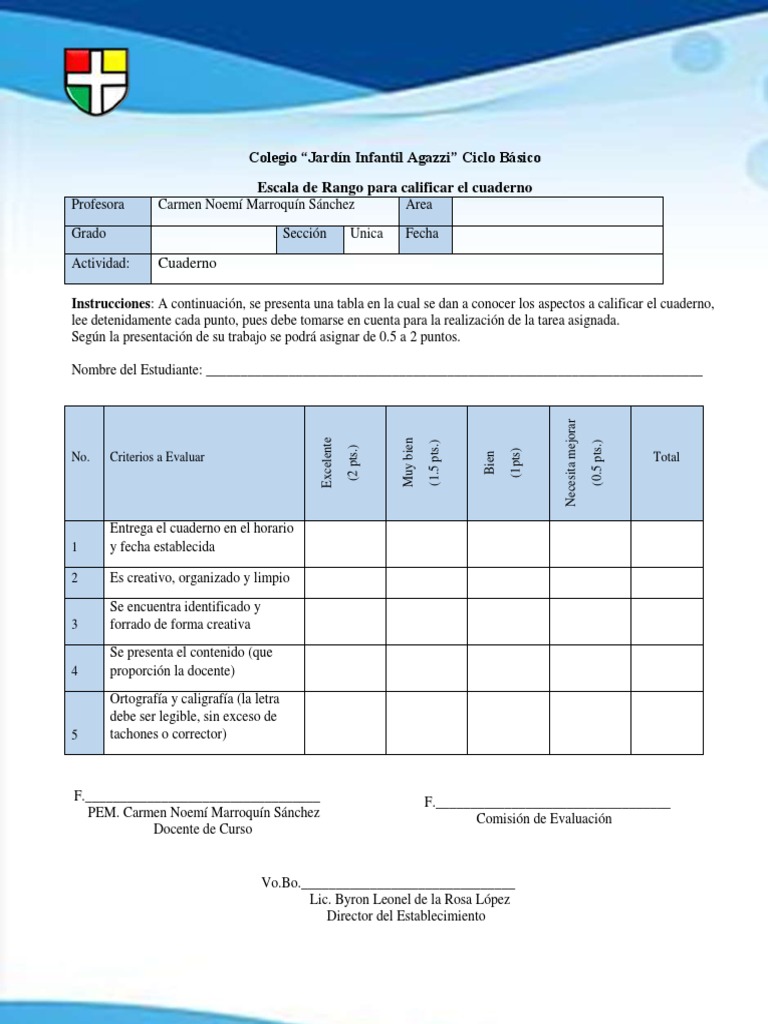 Cuaderno: Colegio "Jardín Infantil Agazzi" Ciclo Básico Escala de Rango ...
