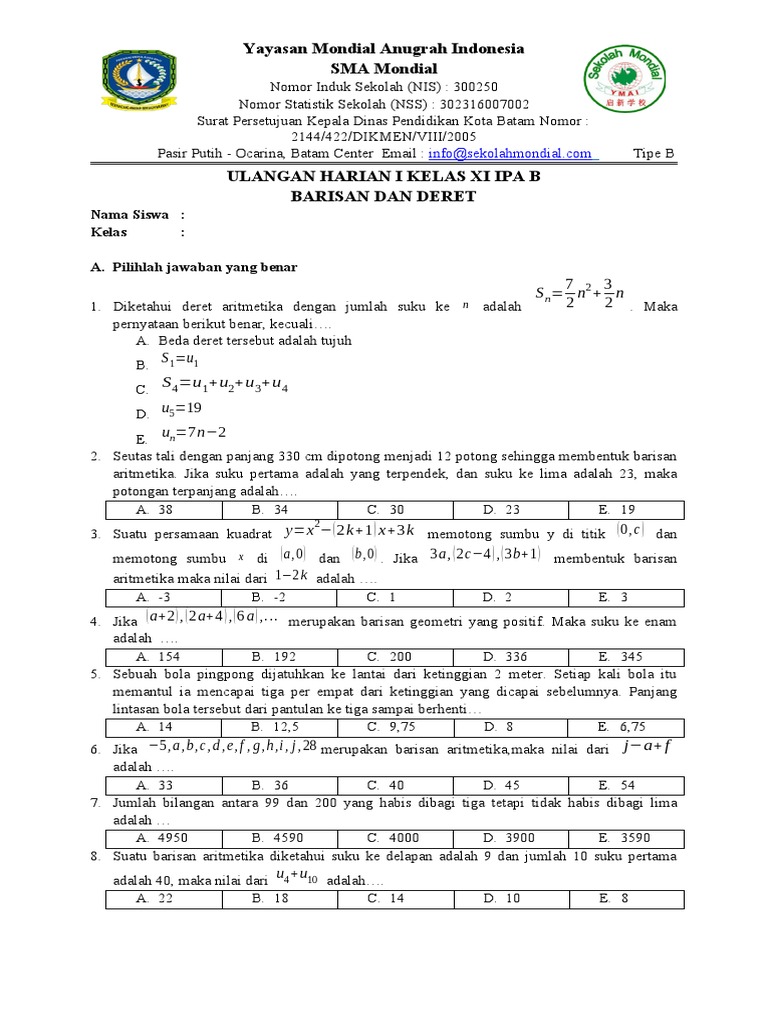 SOAL ULANGAN MATEMATIKA KELAS XI IPA B Tipe B | PDF