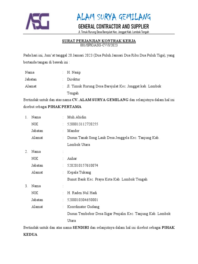 Draft Kontrak Mandor | PDF