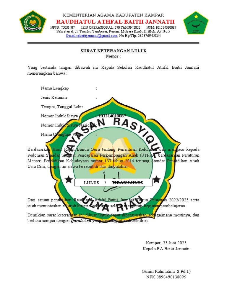 SURAT KELULUSAN SISWA RAUDHATUL ATHFAL BAITII JANNATII | PDF