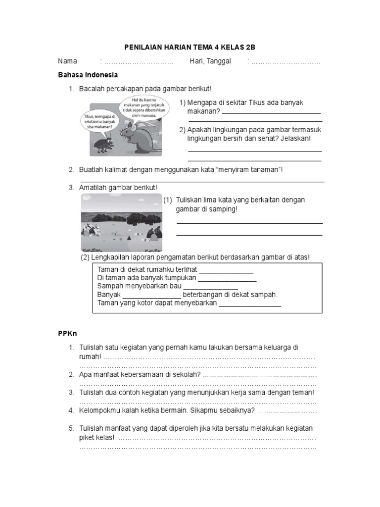 Penilaian Harian Tema 4 Kelas 2B PDF | PDF | Game & Aktivitas | Seni & Disiplin Bahasa