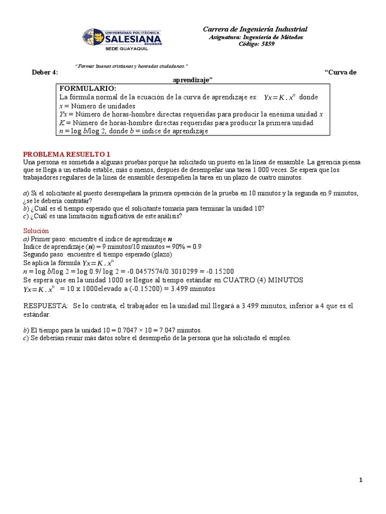 Deber 4 Curva de Aprendizaje | PDF