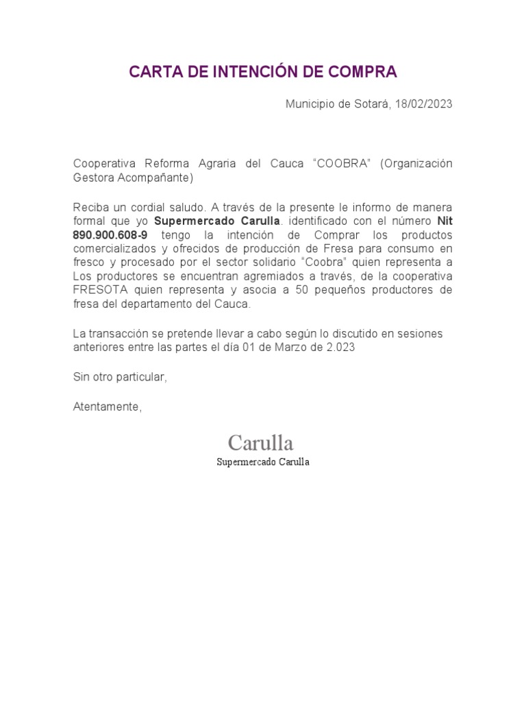 CARTA DE INTENCIÓN DE COMPRA Carulla | PDF