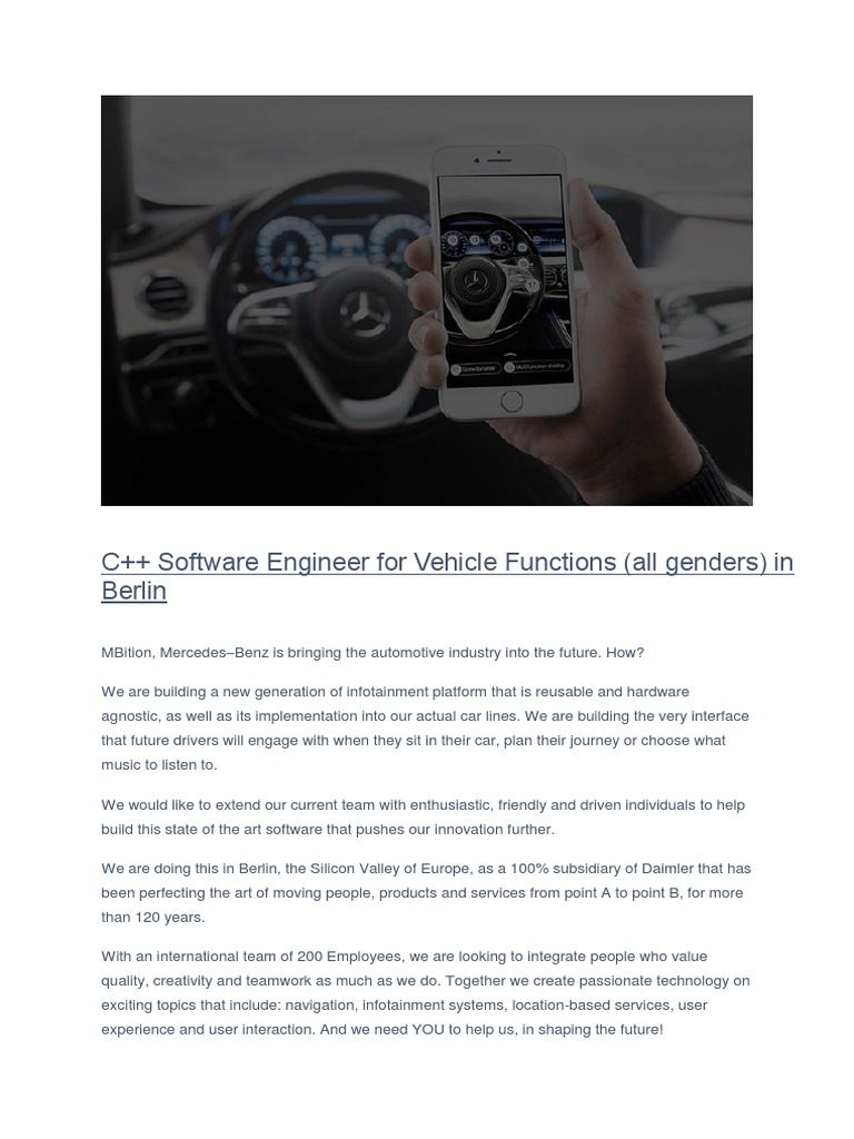 C++ Software Engineer For Vehicle Functions (All Genders) in Berlin | PDF | Software | Car