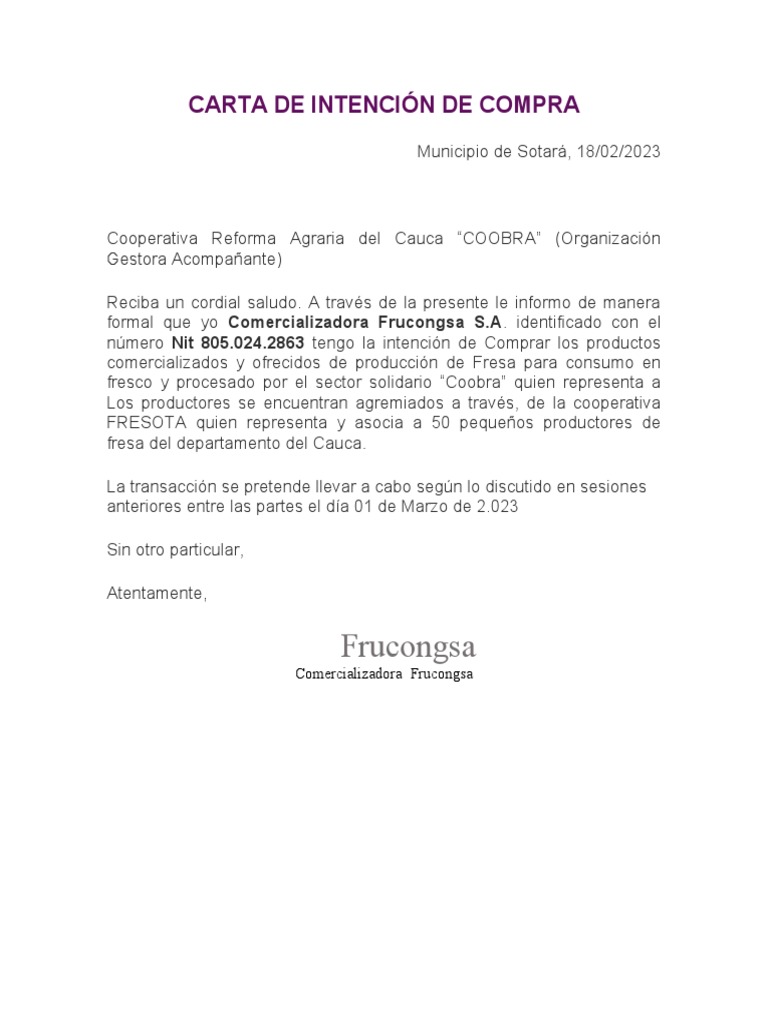 CARTA DE INTENCIÓN DE COMPRA Frucongsa | PDF