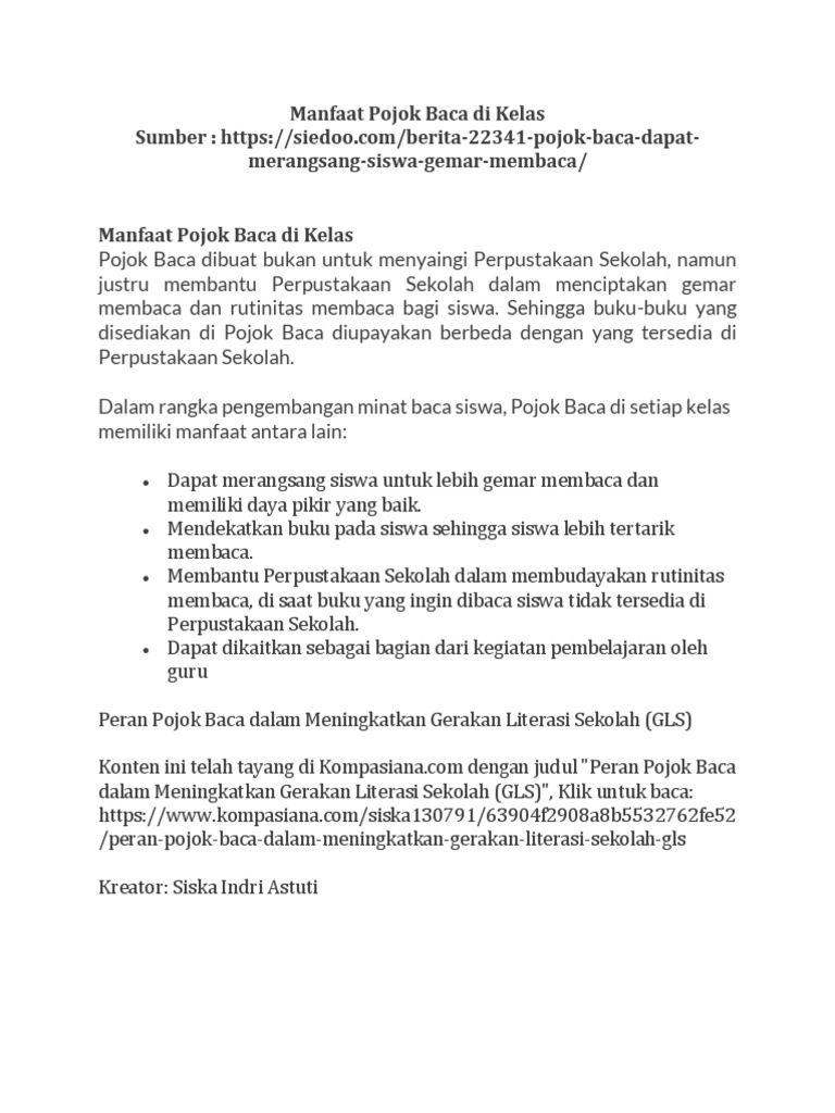 Manfaat Pojok Baca untuk Siswa | PDF | Karier & Perkembangan