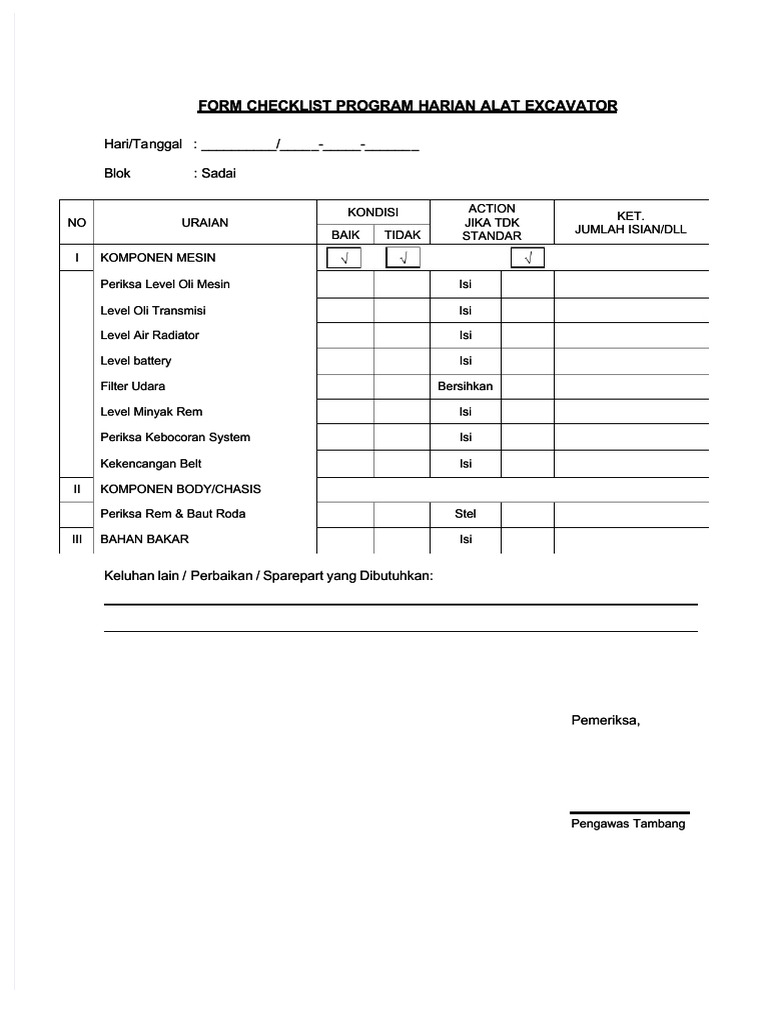 Checklist P2H Excavator Harian | PDF