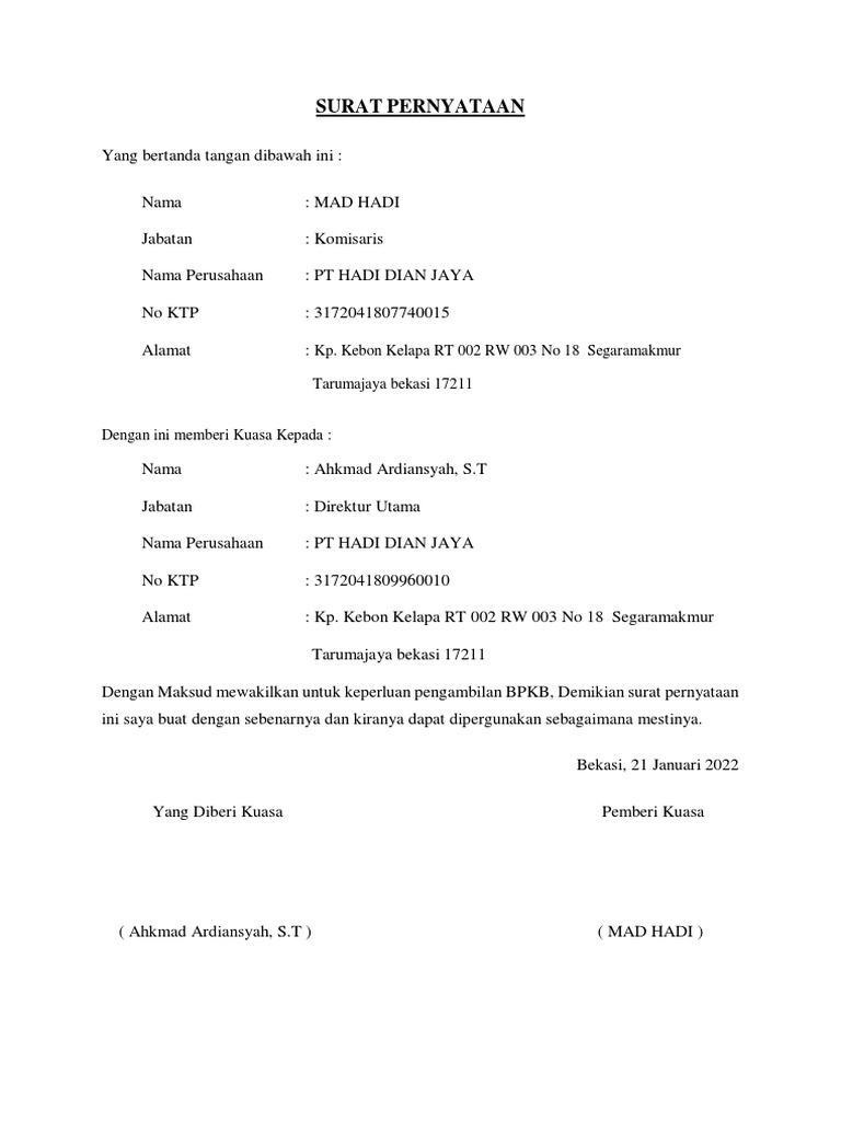 SURAT PERNYATAAN PENGAMBILAN BPKB | PDF