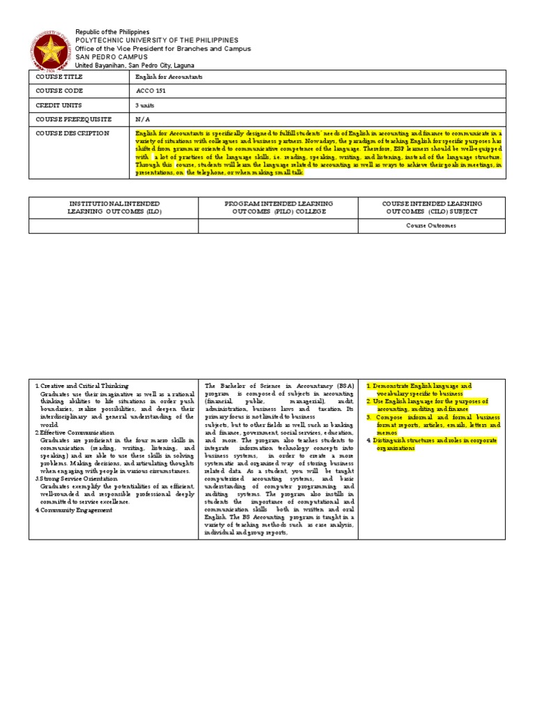 ACCO 151 - Course Syllabus | PDF | Learning | Accounting